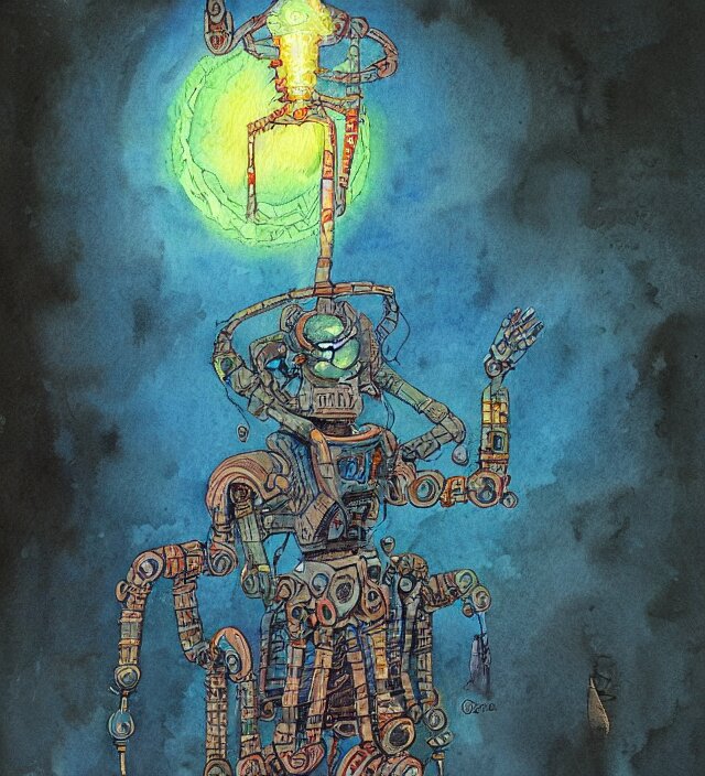 Lexica - A 3 / 4 view watercolor ink painting of a robot shaman ...