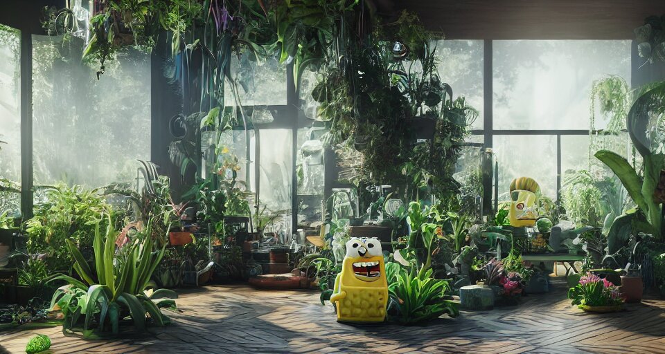 Lexica - Spongebob hanging out in a sunroom made of plants and filled ...