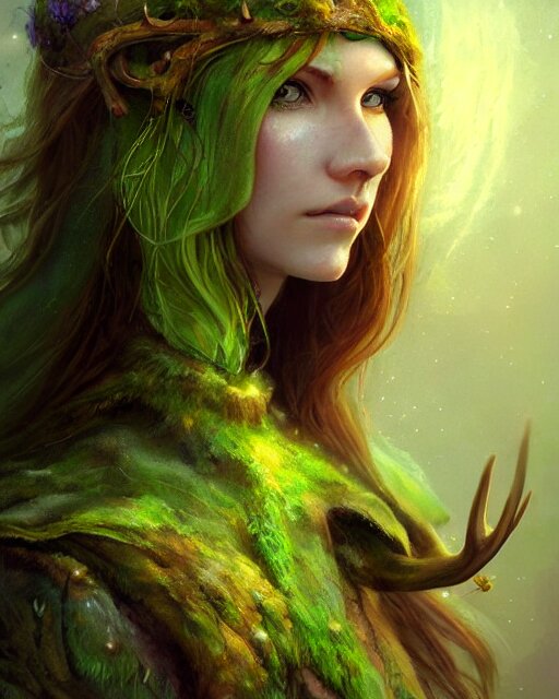 Lexica - Female druid, perfect face, thin antlers, green tunic, ginger ...