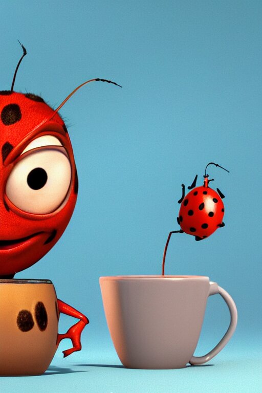 Lexica - A red ladybug with big eyes on side of a cup of coffee and a ...