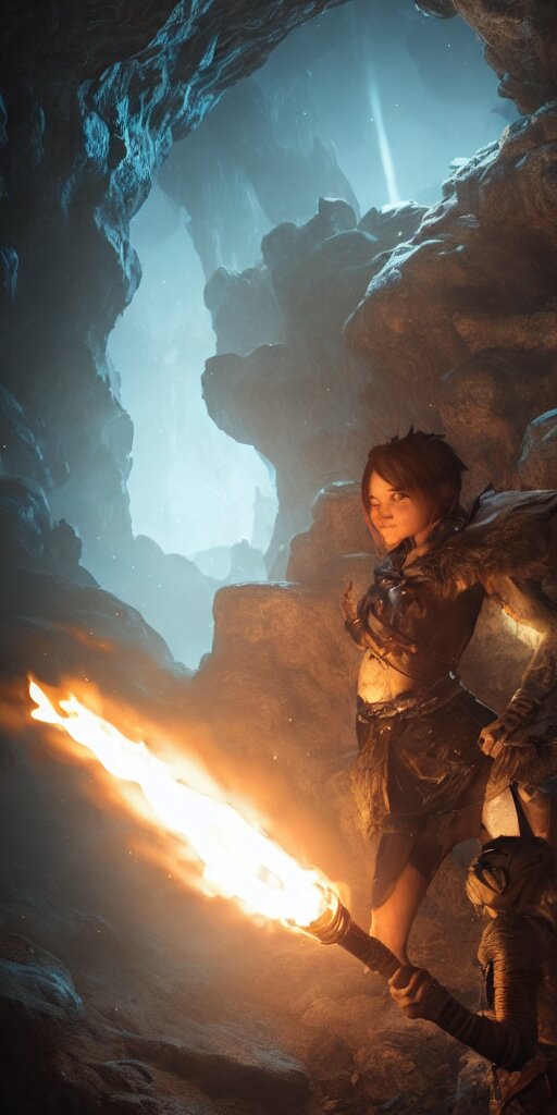 Lexica - A epic hero adventurer holding a torch in a dark cave, fantsy ...