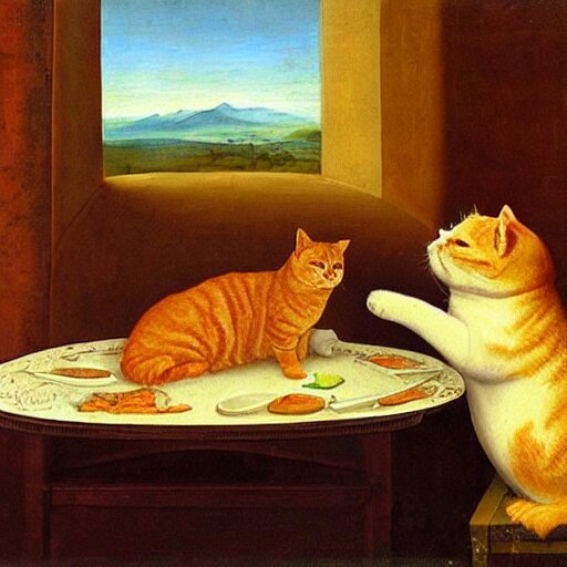 Lexica - Fat orange tabby cat eating lasagna on a table, afternoon ...