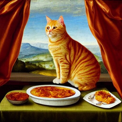 Lexica - Fat orange tabby cat eating lasagna on a table, afternoon ...