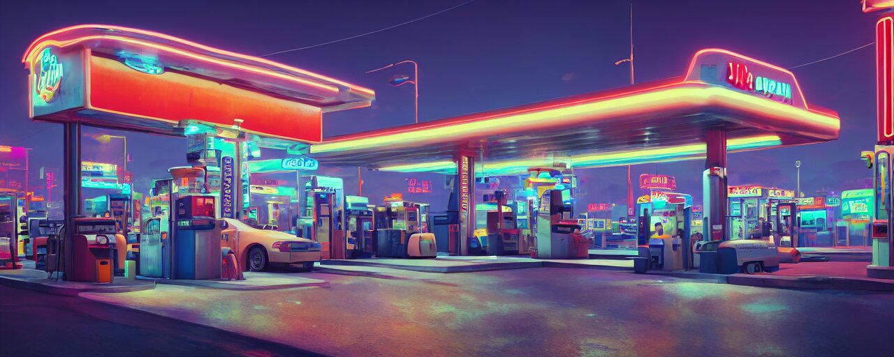 Lexica - A gas station in the night time, vaporwave aesthetic, neon ...