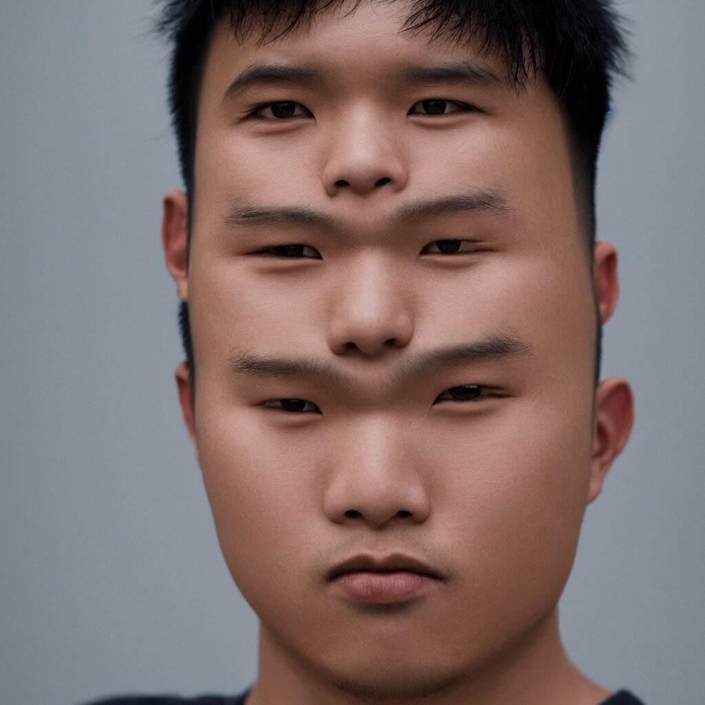 Lexica - A young asian man with a square face, very short thick curly ...