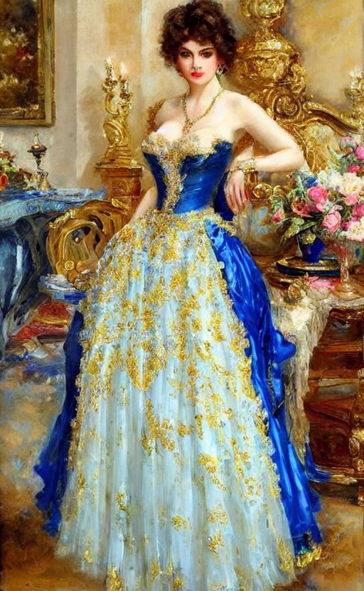 Lexica - Elegant laydy in blue baroque dress with gold ornaments. By ...