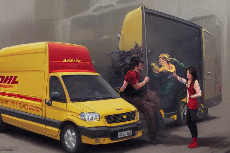 Lexica - Portrait of dhl courier wrestling with a girl in dhl van, highly detailed, digital ...