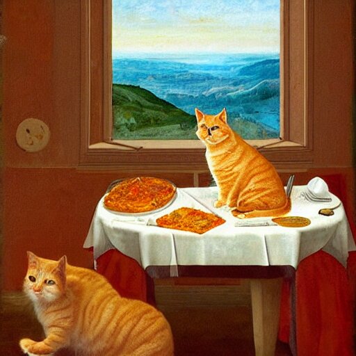 Lexica - Fat orange tabby cat eating lasagna on a table, afternoon ...