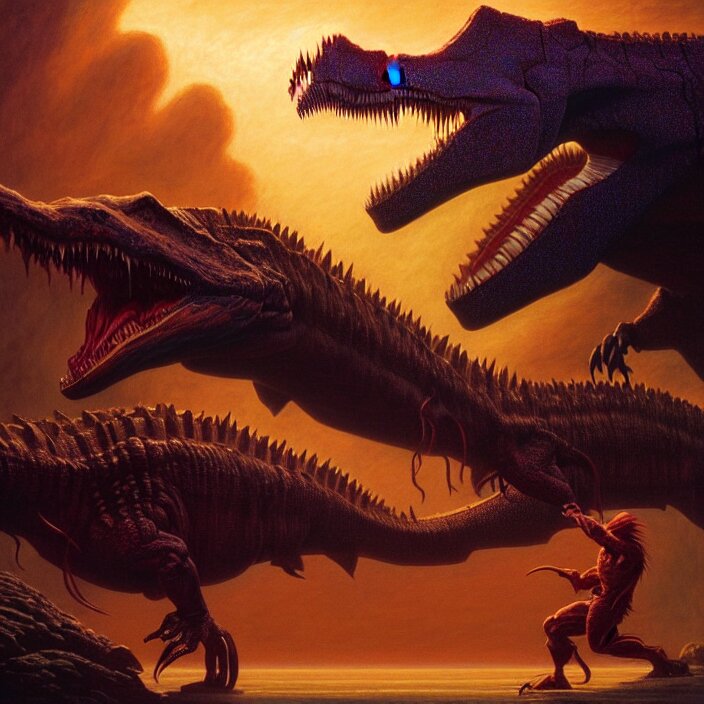 Lexica - Cinematic poster of t rex fighting a spinosaurus, dark fantasy ...