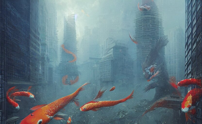 Lexica - A giant koi fish Kaiju smashing through skyscrapers, digital ...