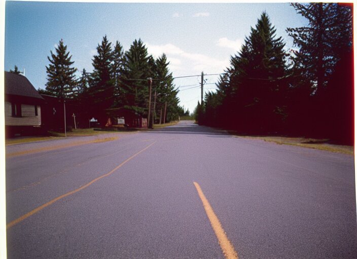 Lexica - A disposable camera picture of an empty street in a small ...