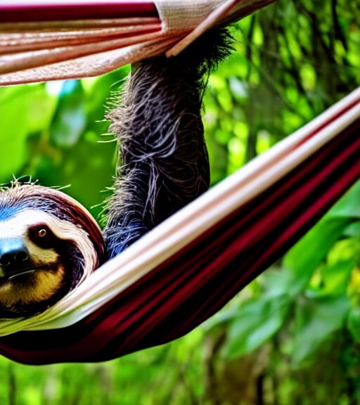 Lexica - A photograph of a sloth resting in a hammock in his garden ...