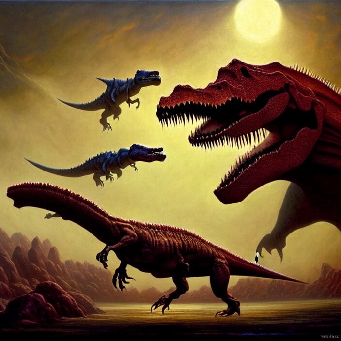 Lexica - Cinematic poster of t rex fighting a spinosaurus, dark fantasy ...