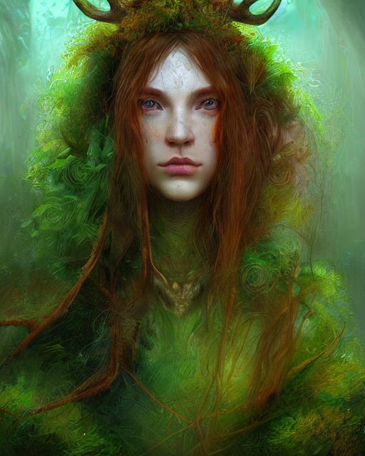 Lexica - Female druid, perfect face, thin antlers, green tunic, ginger ...