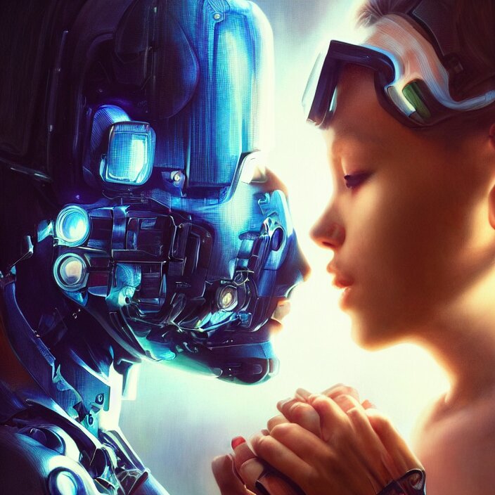 Lexica - Ultra realistic medium shot of a couple of cyborgs kissing ...