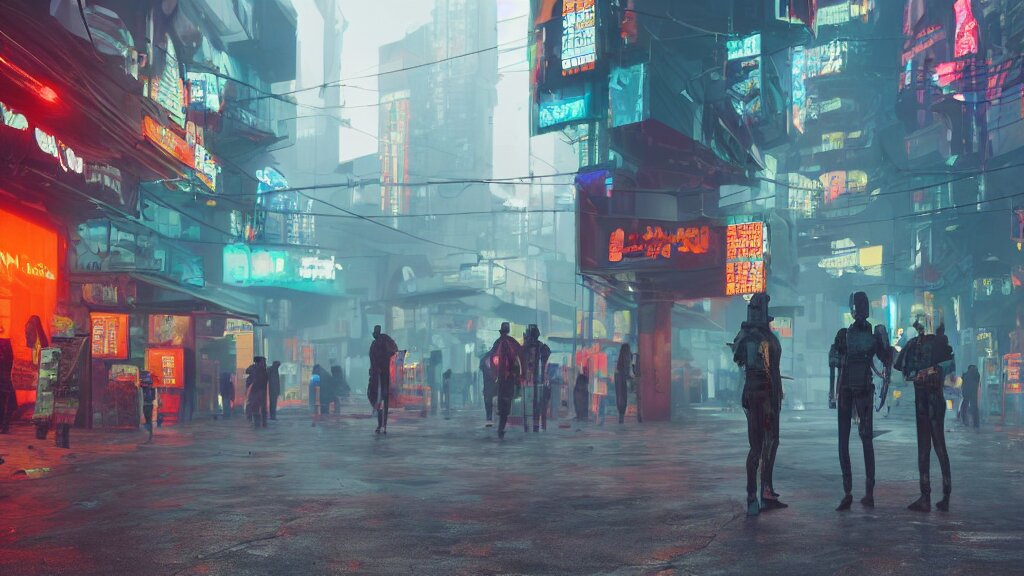 Lexica - Two passive guards near the entrance of a big colorful shop in ...