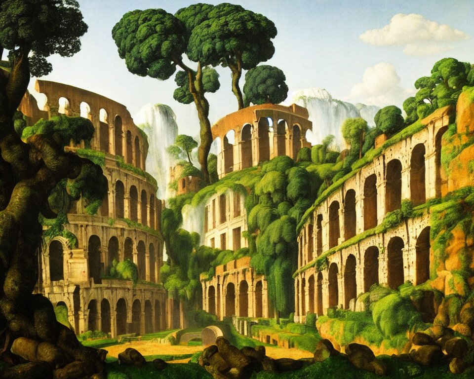 Lexica - An achingly beautiful print of the Colosseum in a jungle ...