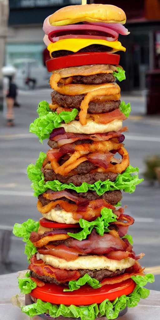 Lexica - A cheeseburger tower made of gigantic stacks of meat patties ...
