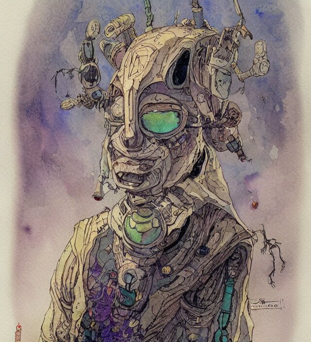 Lexica - A 3 / 4 view watercolor ink painting of a robot shaman ...