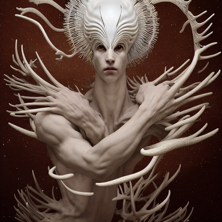 Lexica - Surreal baroque portrait of ribbed white alien god covered ...