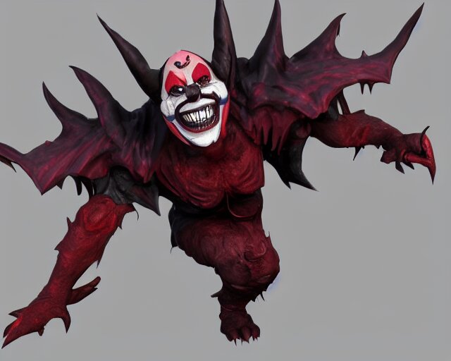 Lexica - 3d sculpt of an evil clown face with huge bat wings, skull ...