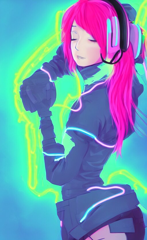 Lexica Anime Girl With Glowing Neon Hair Wearing Fit Neon Clothing And Headphones While