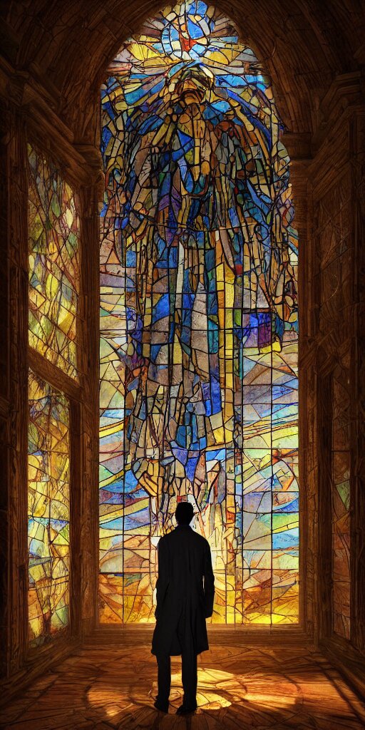 Lexica - A man made from stained glass, inside an ancient building ...