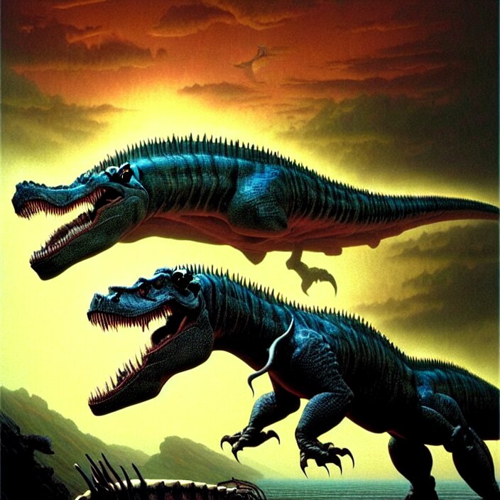 Lexica - Cinematic poster of t rex fighting a spinosaurus, dark fantasy ...