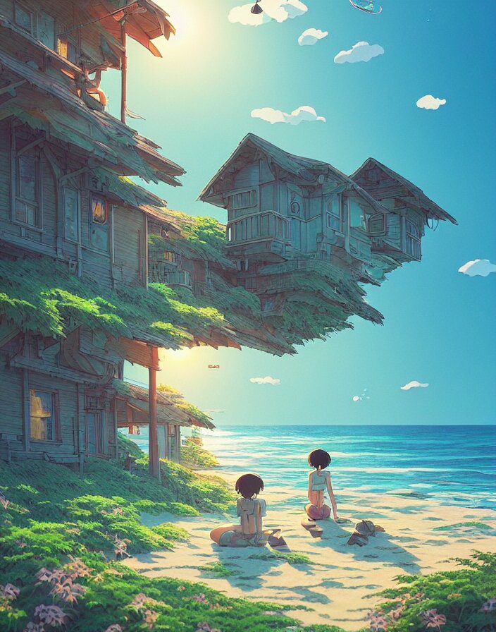 Lexica - Studio ghibli, summer beach cottage at sunsent, intricate ...