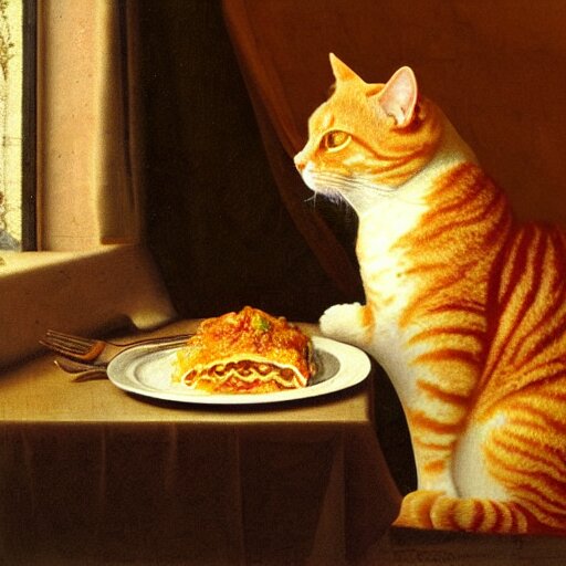 Lexica - Fat orange tabby cat eating lasagna on a table, afternoon ...