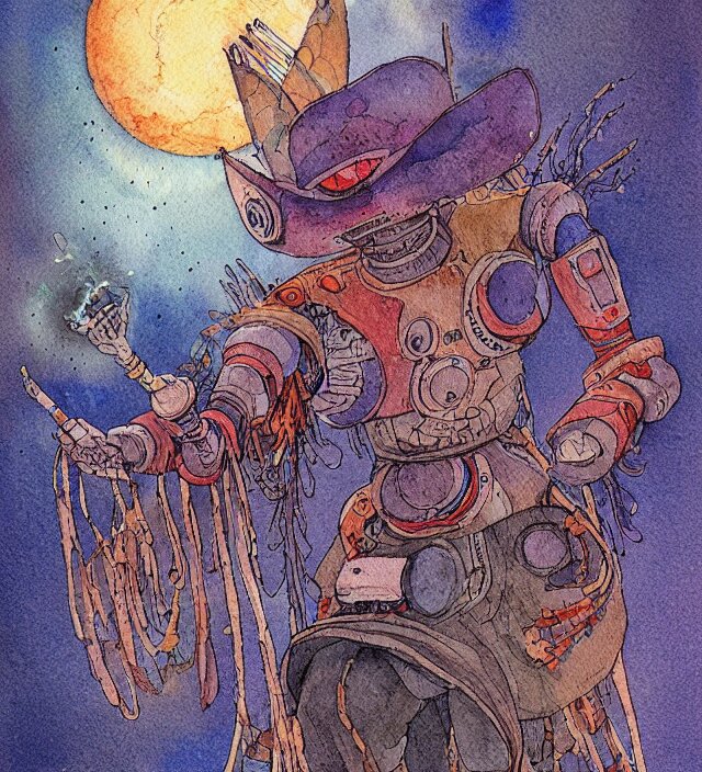 Lexica - A 3 / 4 view watercolor ink painting of a robot shaman ...