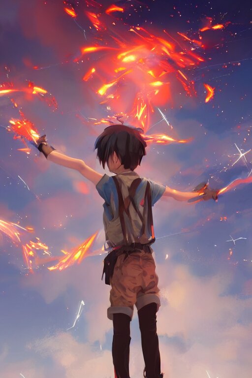 Lexica - Anime young boy wearing suspenders pointing at the sky with ...