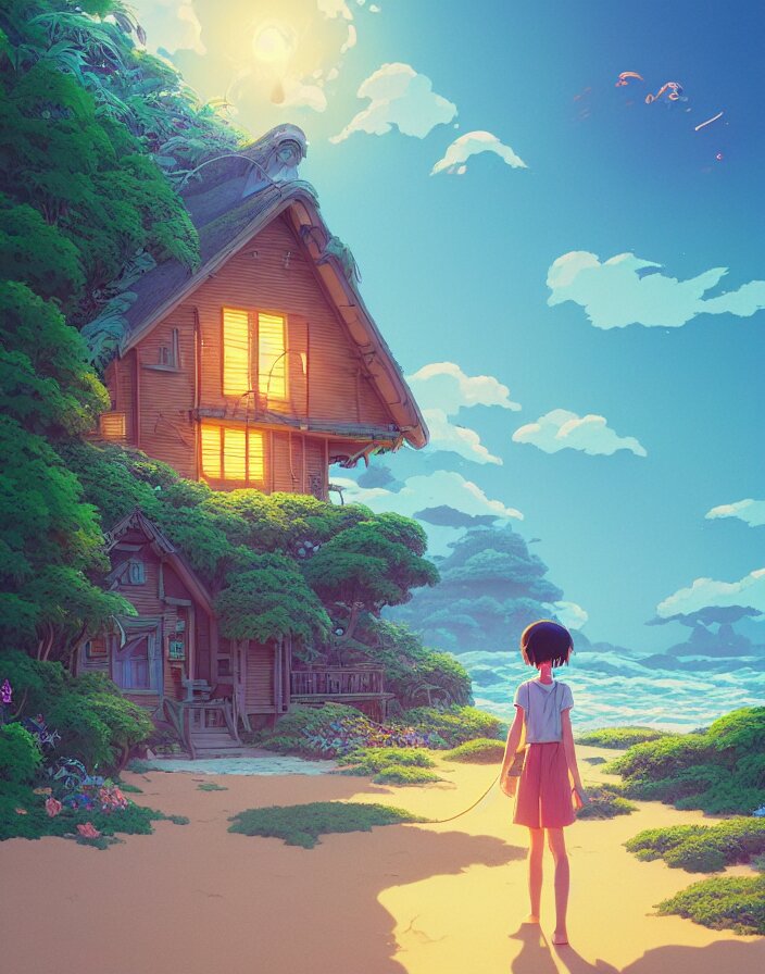 Lexica - Studio ghibli, summer beach cottage at sunsent, intricate ...