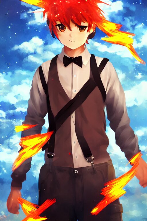 Lexica - Anime young boy wearing suspenders pointing at the sky with ...