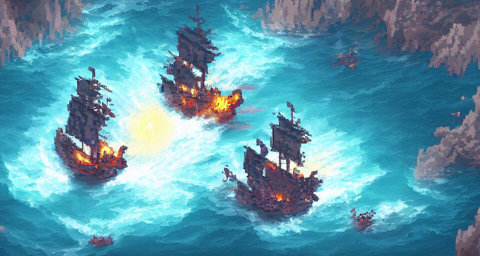 Lexica - Pixelart of a pirates battles in the ocean, volumetric ...