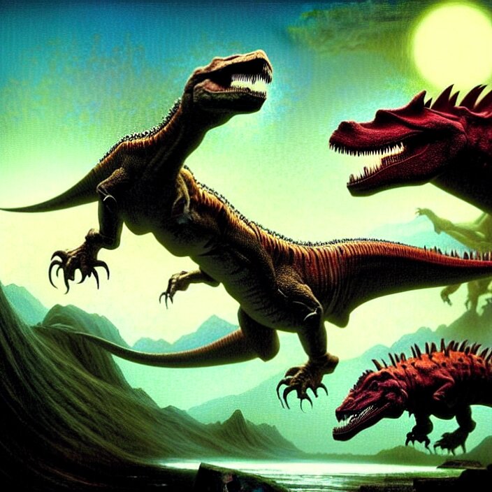 Lexica - Cinematic poster of t rex fighting a spinosaurus, dark fantasy ...