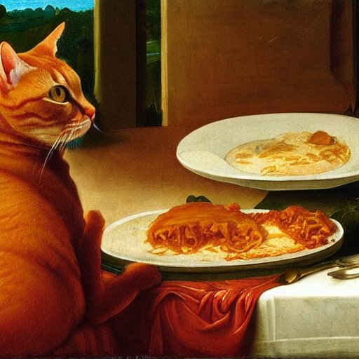 Lexica - Fat orange tabby cat eating lasagna on a table, afternoon ...