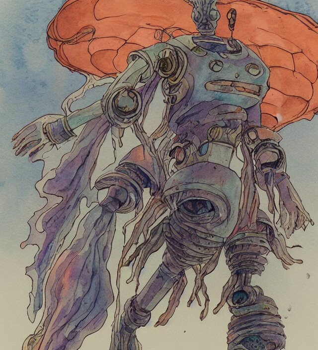 Lexica - A 3 / 4 view watercolor ink painting of a robot shaman ...