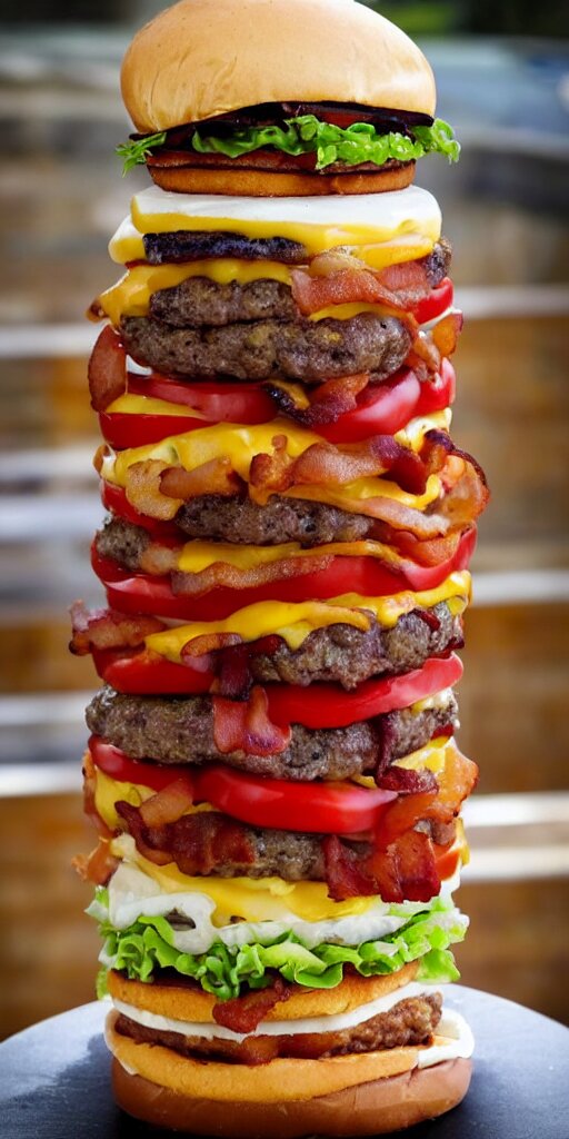 Lexica - A cheeseburger tower made of gigantic stacks of meat patties ...