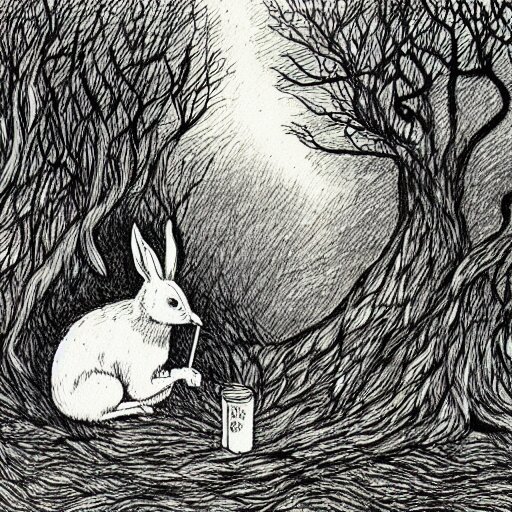 Lexica - A pen and ink drawing of a white rabbit smoking a cigarette ...