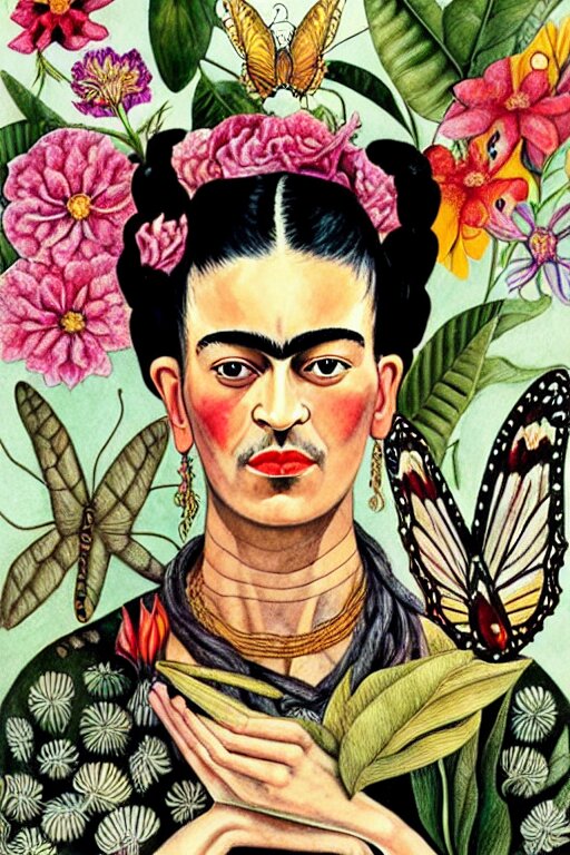 Lexica - Realistic portrait of frida kahlo in the center of an ornate ...