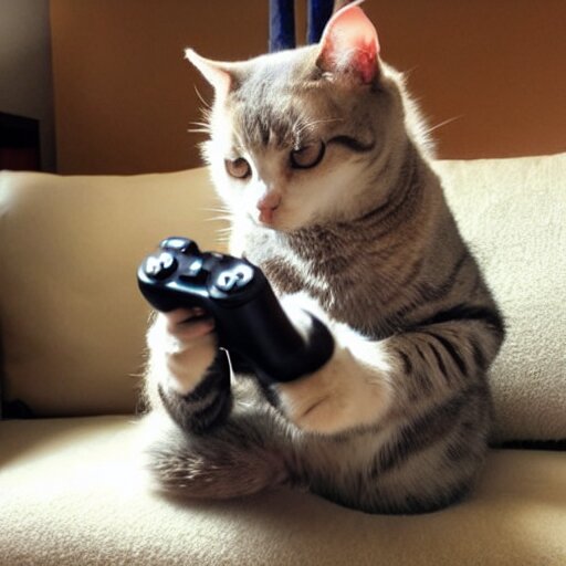 Lexica - A cute cat playing video games while sitting on a couch