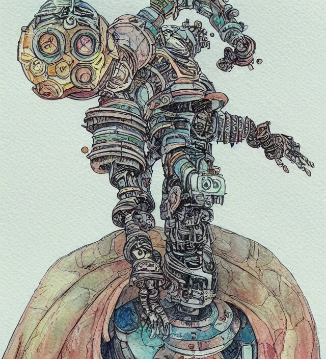 Lexica - A 3 / 4 view watercolor ink painting of a robot shaman ...