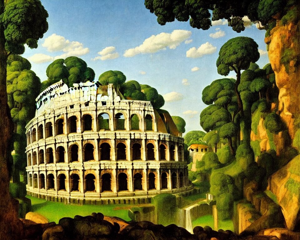 Lexica - An achingly beautiful print of the Colosseum in a jungle ...