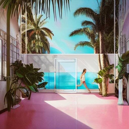 Lexica - Indoor liminal space, golden light, beeple, peter tarka, palm ...