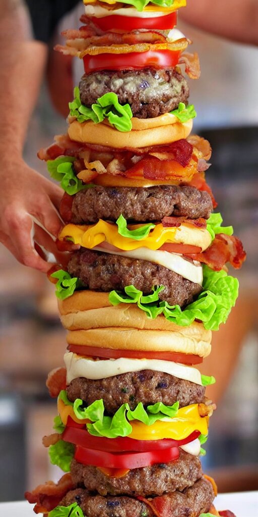 Lexica - A cheeseburger tower made of gigantic stacks of meat patties ...