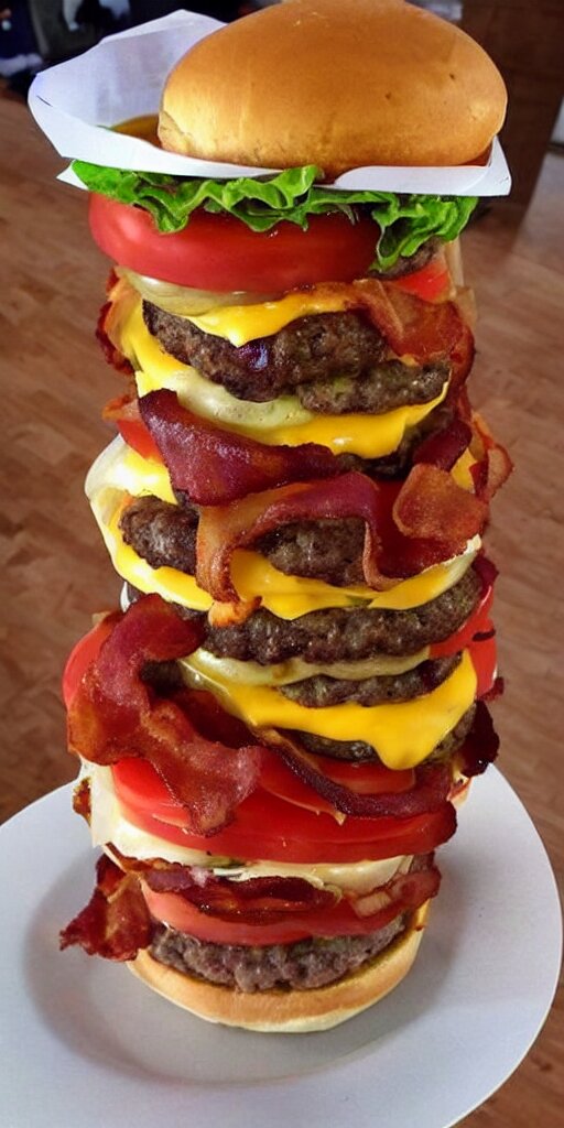 Lexica - A cheeseburger tower made of gigantic stacks of meat patties ...