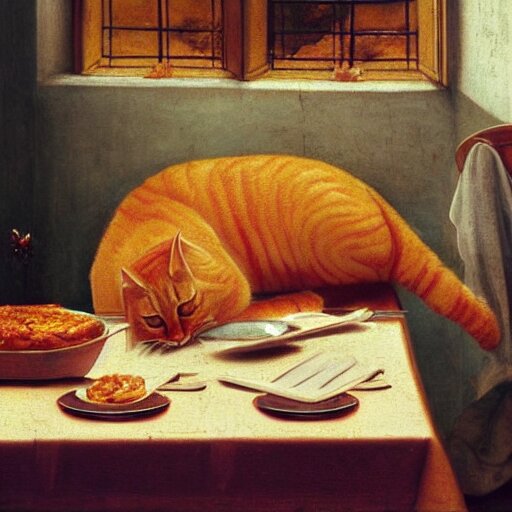 Lexica - Fat orange tabby cat eating lasagna on a table, afternoon ...