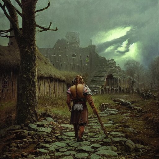 Lexica - A beautiful painting of a viking walking through the ruins of ...