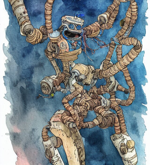 Lexica - A 3 / 4 view watercolor ink painting of a robot shaman ...